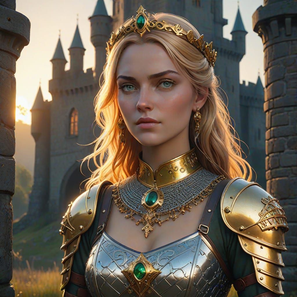 Medieval Maiden in Golden Armor Stands Majesticall... - AI Art