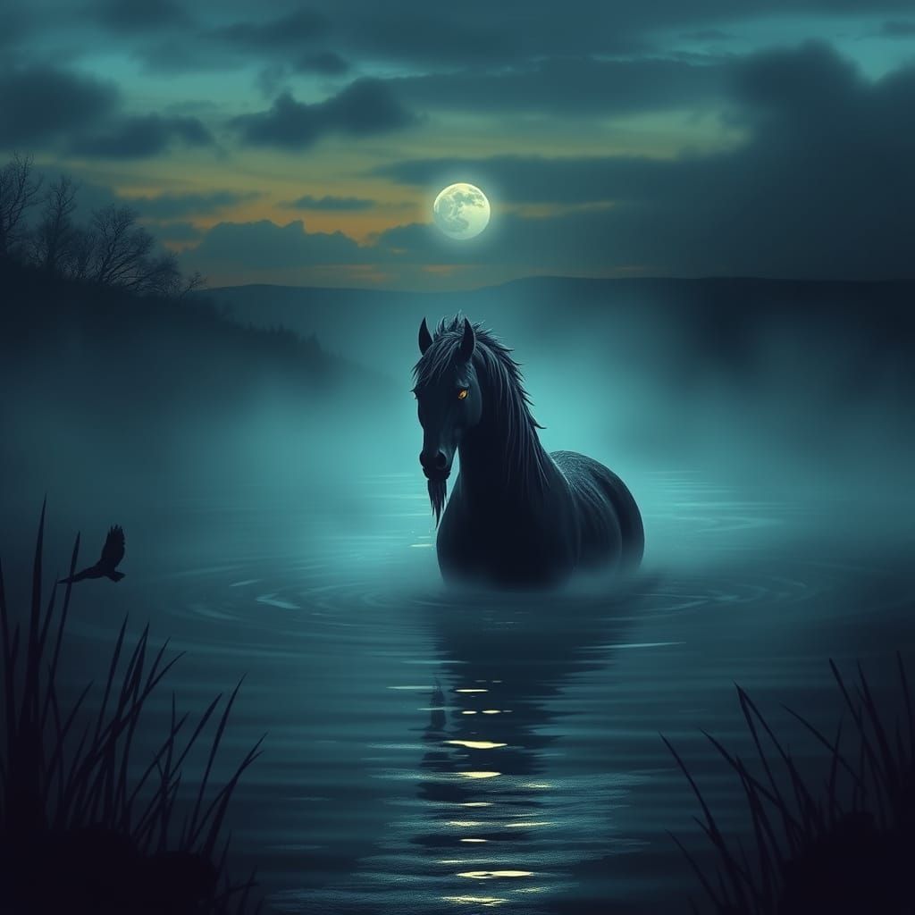 Mythical Kelpie Emerging from Misty Twilight Lake - AI Art