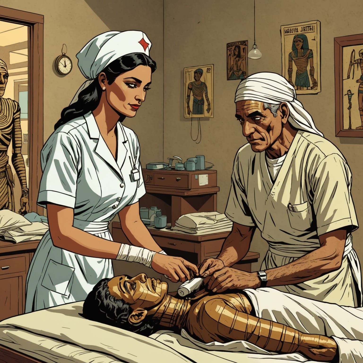 Mummy Nurse Tenderly Binds Elderly Patient in Vint... - AI Art