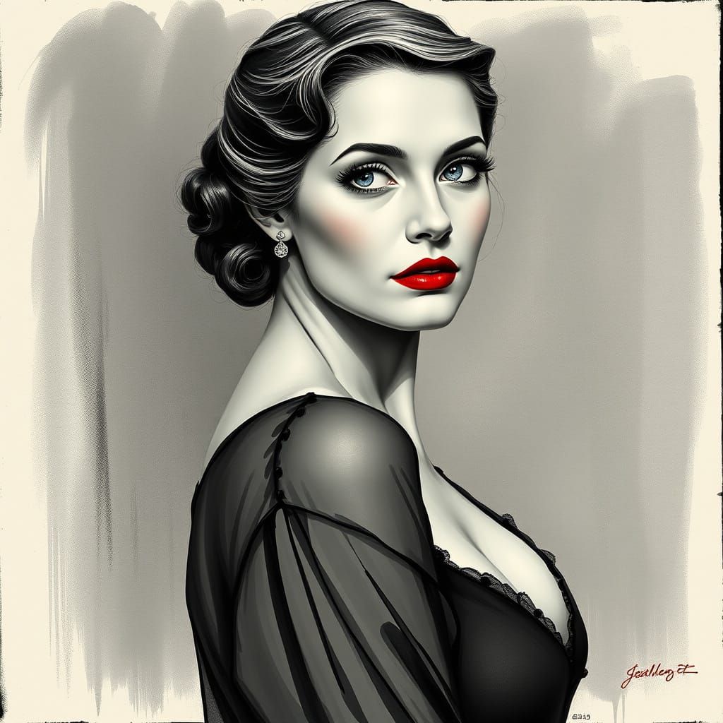 A Black and white oil and black by Dave Norman, portrait mature woman standing 3/4 turn head ...