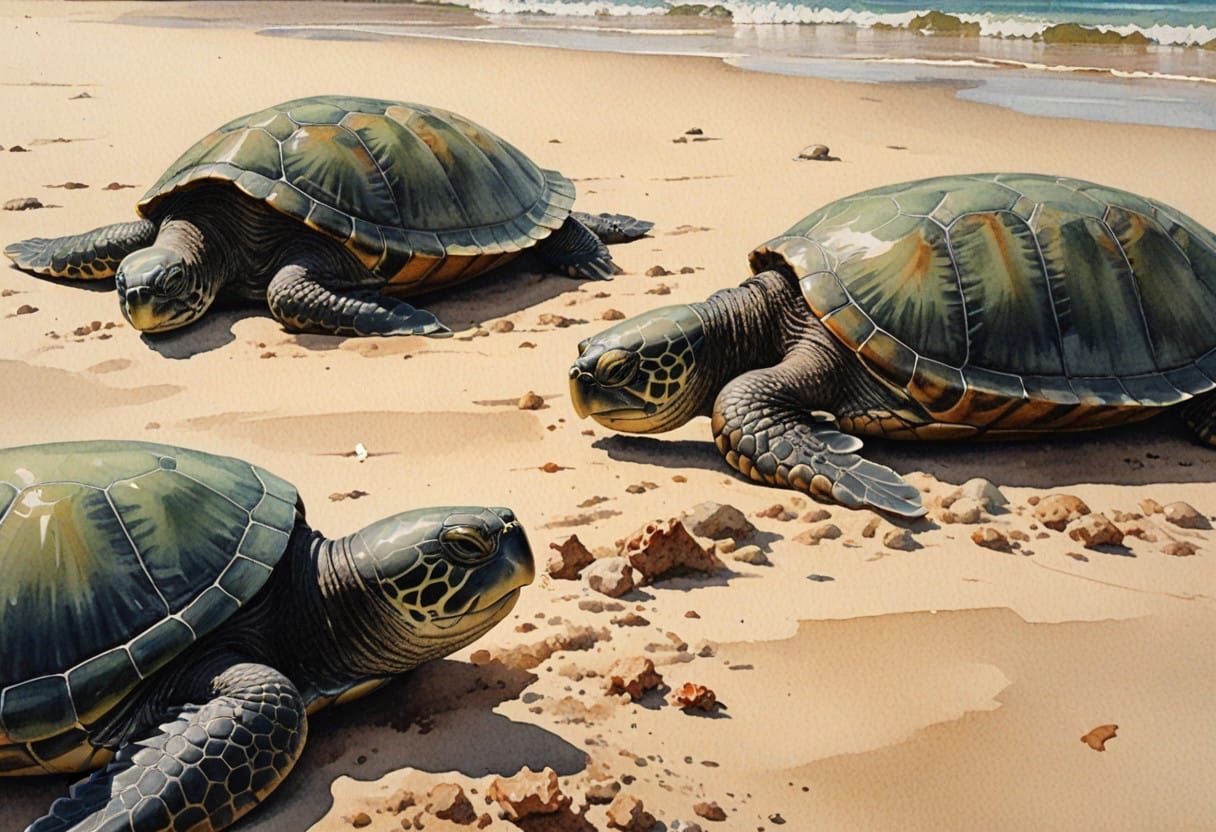Turtles on a Serene Beach Scene in Watercolor - AI Art