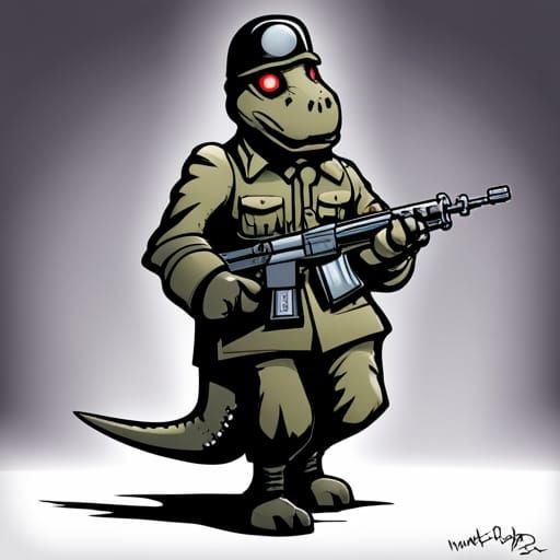 cartoon dinosaur dressed in world War 2 uniform with machine gun ...