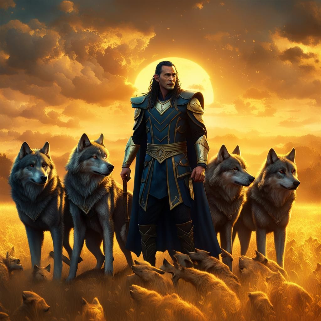 Norse gods Loki standing with a pack of large wolves in a golden field ...