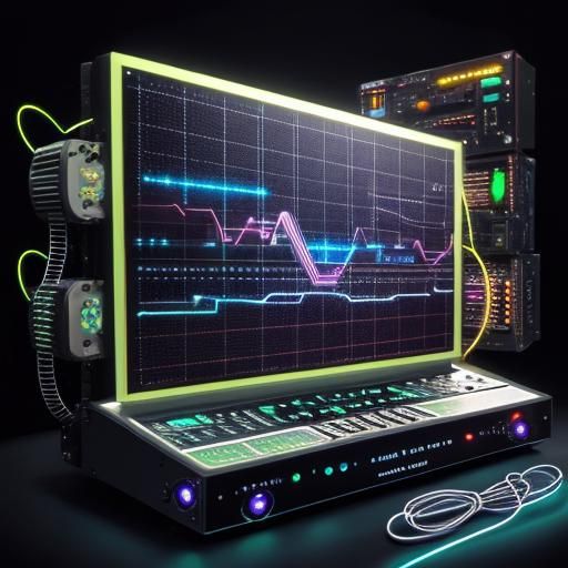 futuristic analog synth with holographic waveform projected above ...
