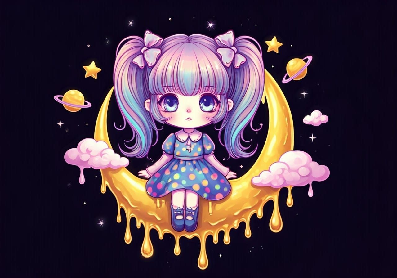 Neon Pastel Chibi Girl on Dripping Moon - AI Art