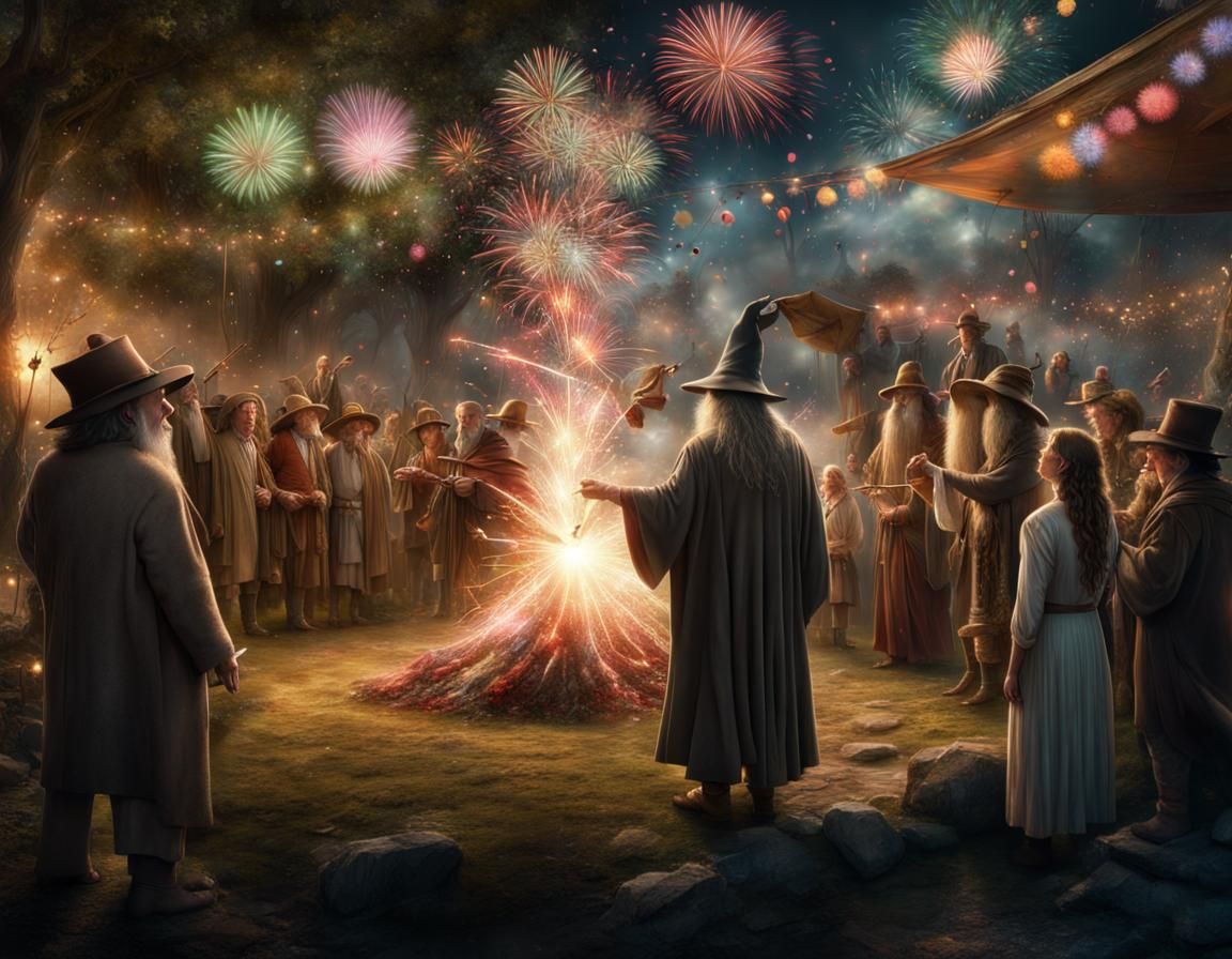Gandalf and the Hobbits at the Party Tree in Hobbiton - AI Generated ...