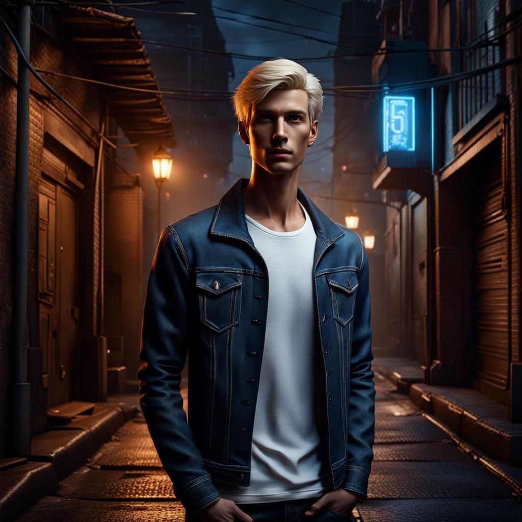 Very tall, very thin wiry young man, with long blond, wearing jeans and ...