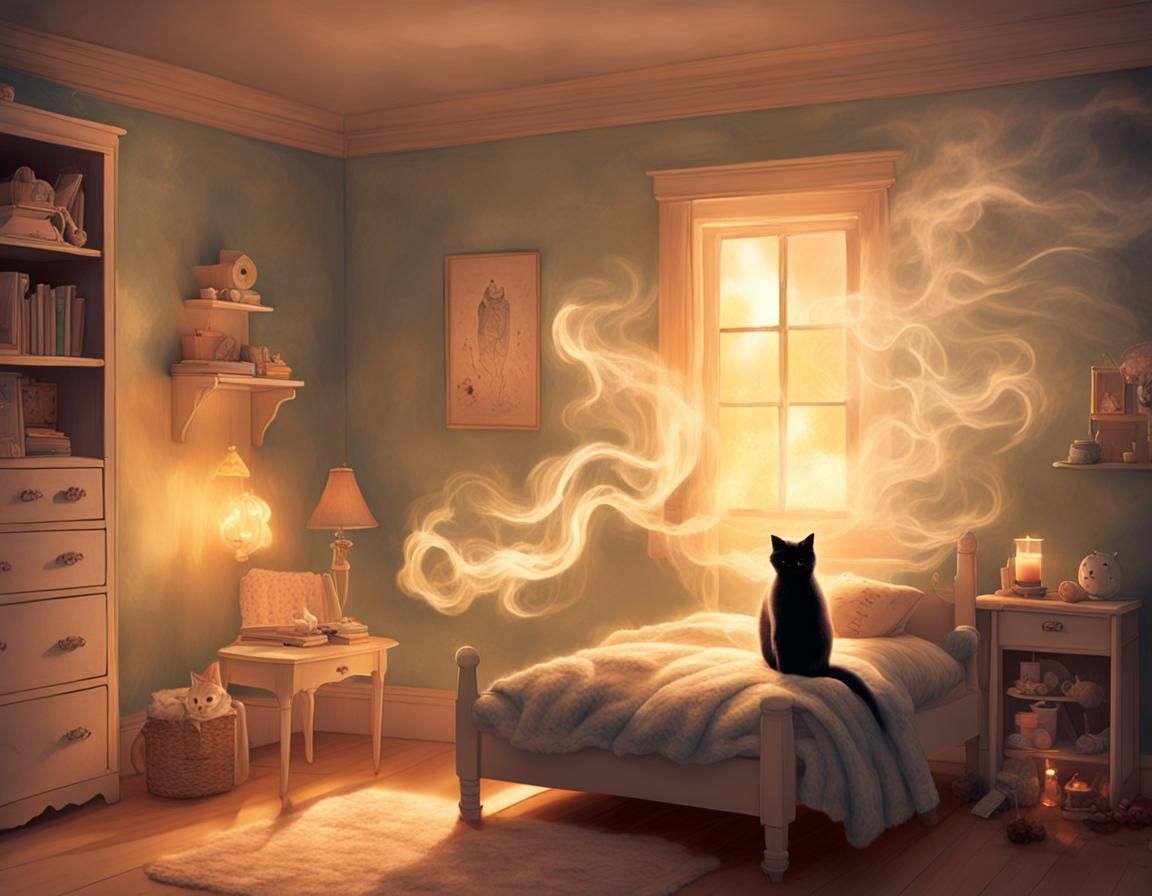 A wispy, transparent figure of a cat formed from the smoke of a candle ...