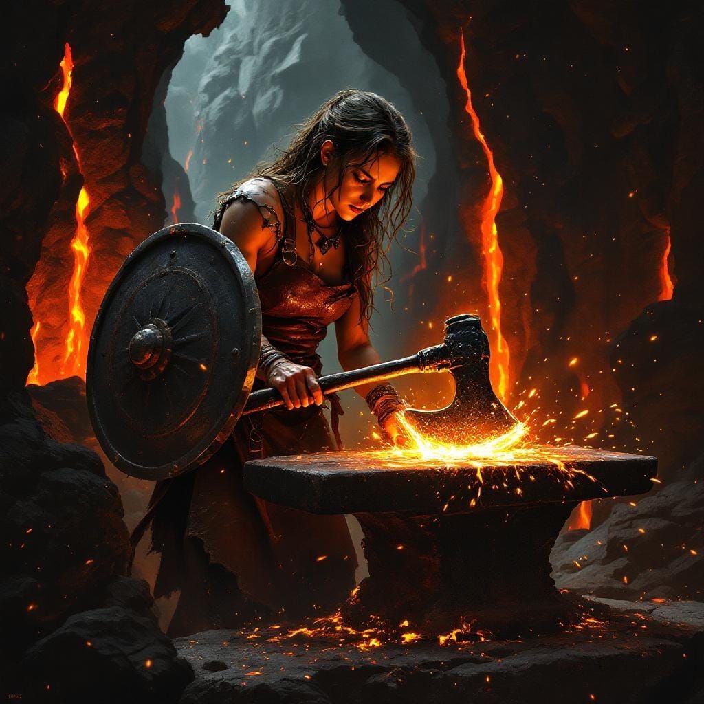 Shield-Maiden Forging Axe in Lava Cavern - AI Art