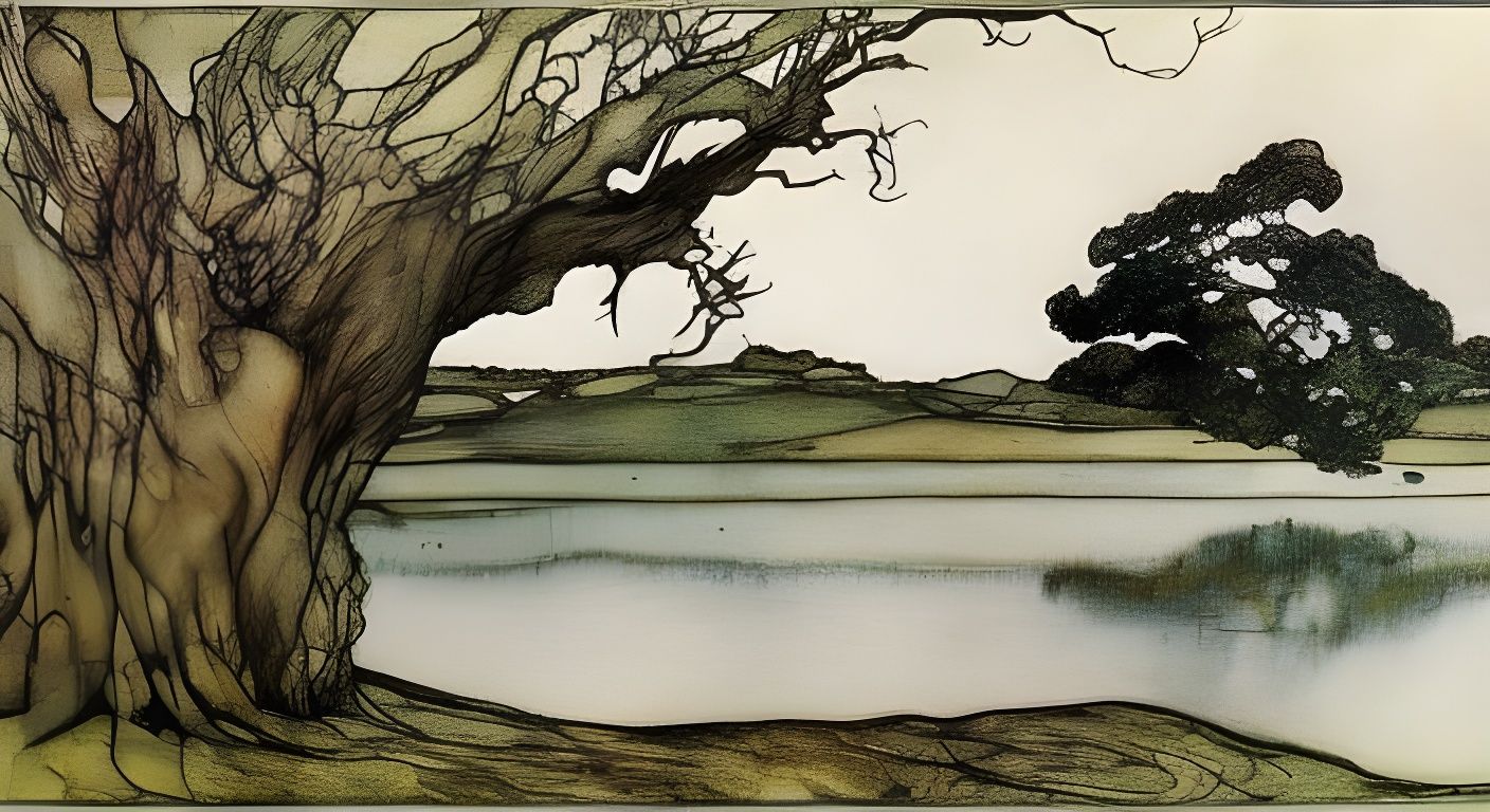 landscape with lake and old oak trees by Arthur Rackham, Carne ...