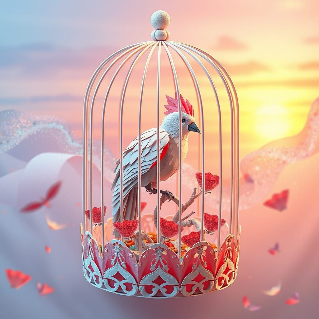 Majestic Bird in Whimsical Paper Craft Cage - AI Art