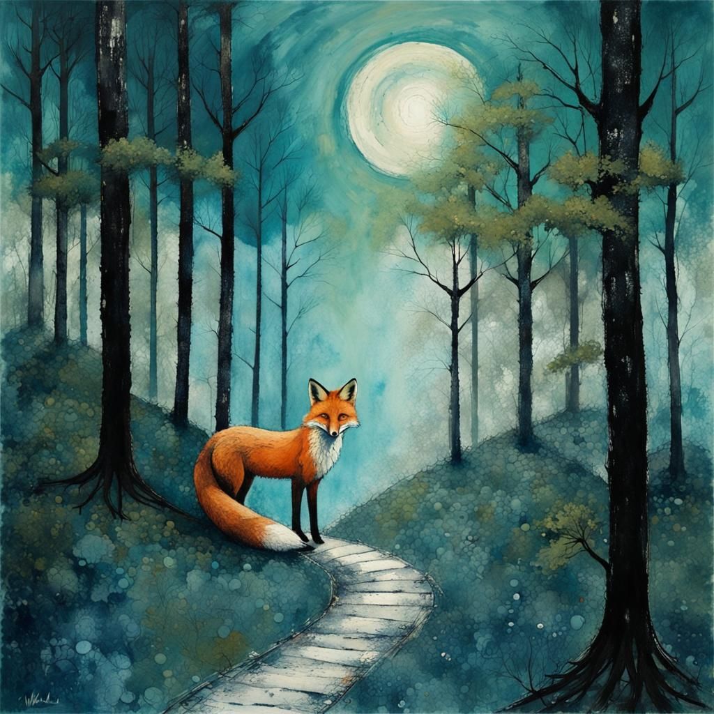 A fox on an earth path in a Happy blue forest moonscape in art brut ...