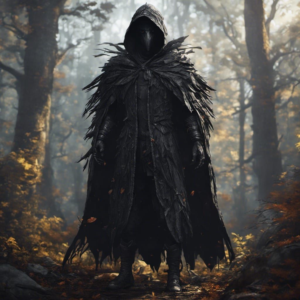crow humanoid wearing hood in forest a masterpiece,8k resolution, dark ...