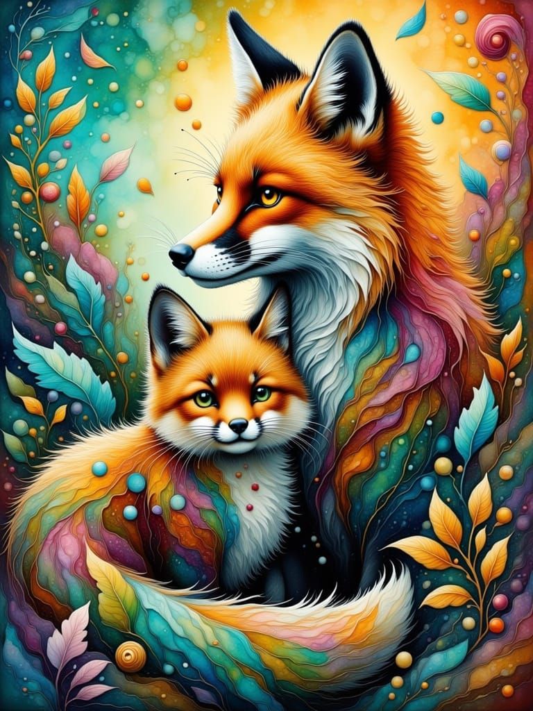 Fox Mama - Whimsical Fox Mother in Expressive Brushstrokes