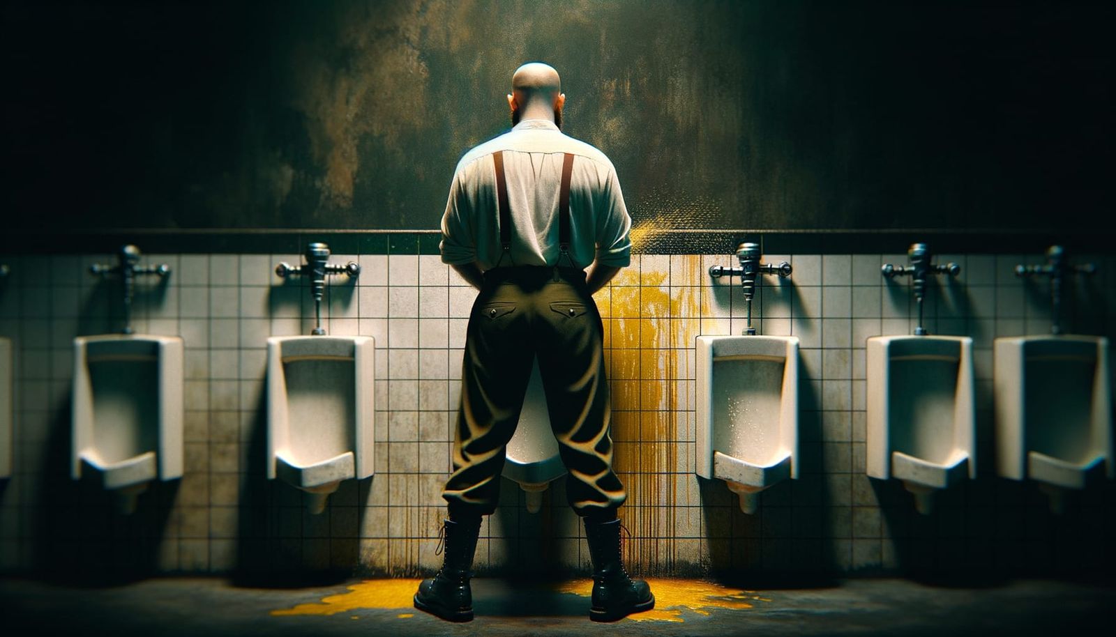 skinhead urinating in an urinal, urine, yellow stains, big bulge, black boots, white shirts and ...