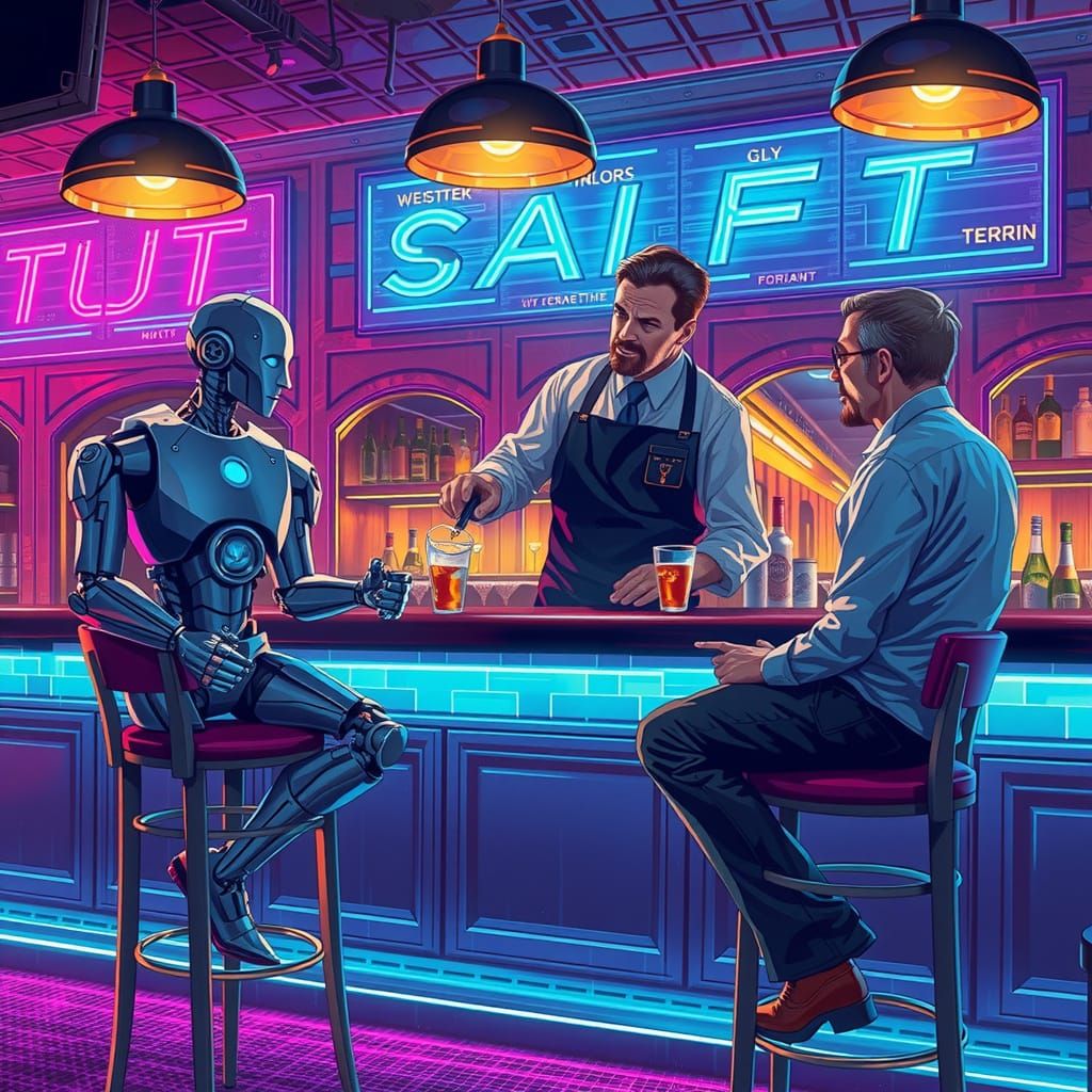 Futuristic Pub Scene at Night with Human Bartender... - AI Art