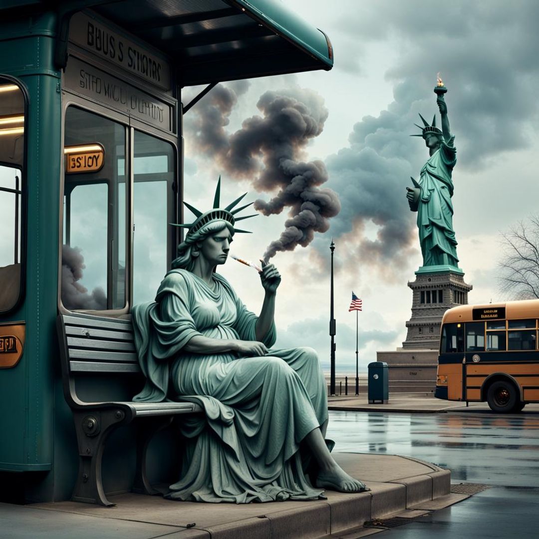 the statue of liberty sitting smoking a cigarette? sitting at the bus ...