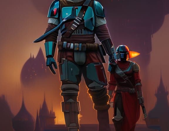 Mandalorian and Grogu at Disneyland, 8K, concept art portrait by Greg ...