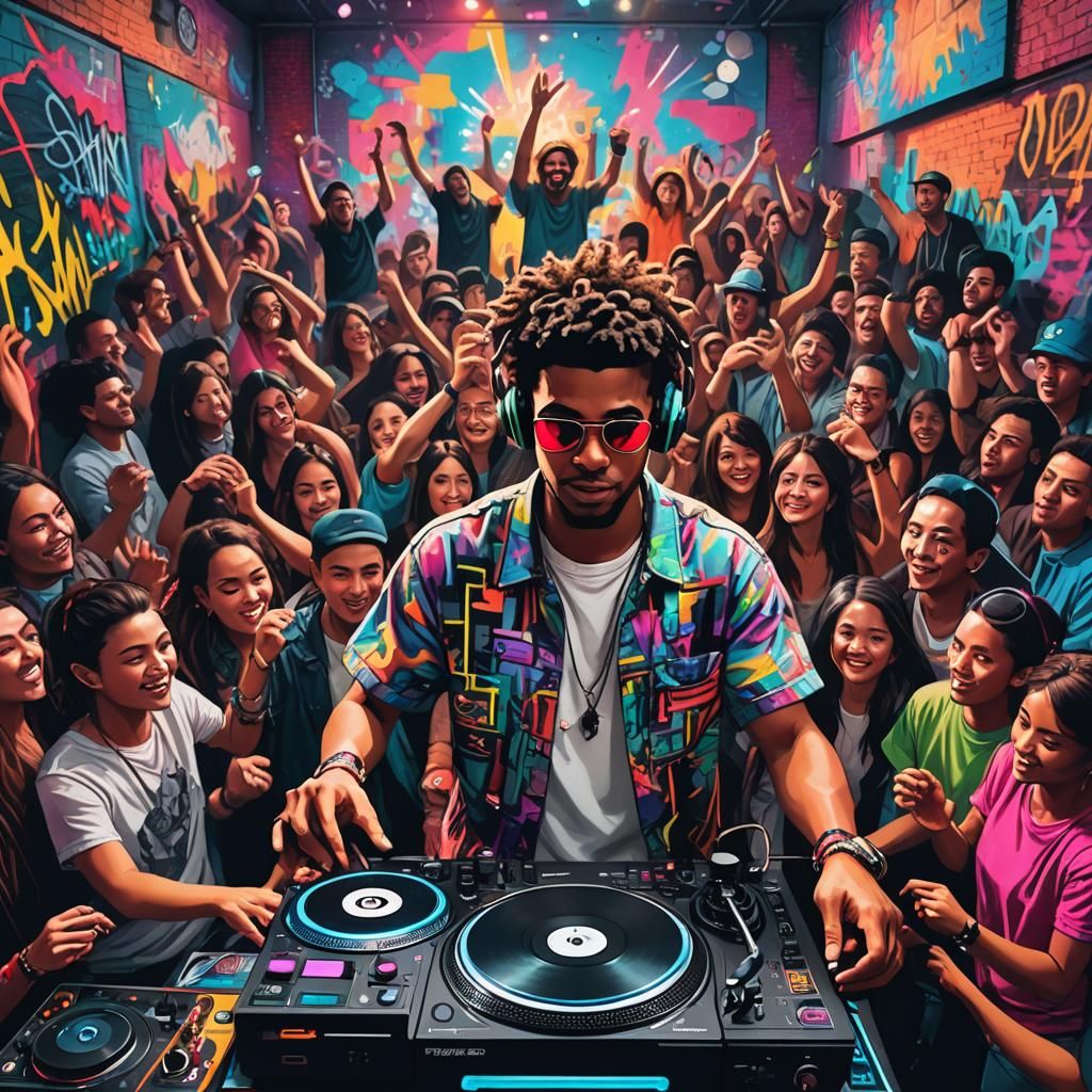 A DJ with a modern turntable setup, in an urban and vibrant style ...