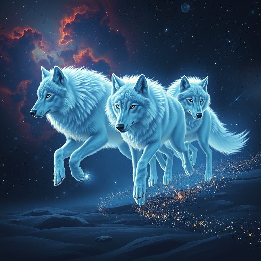 Celestial Wolves - Majestic Wolves Run Through a Cosmic, Sta...