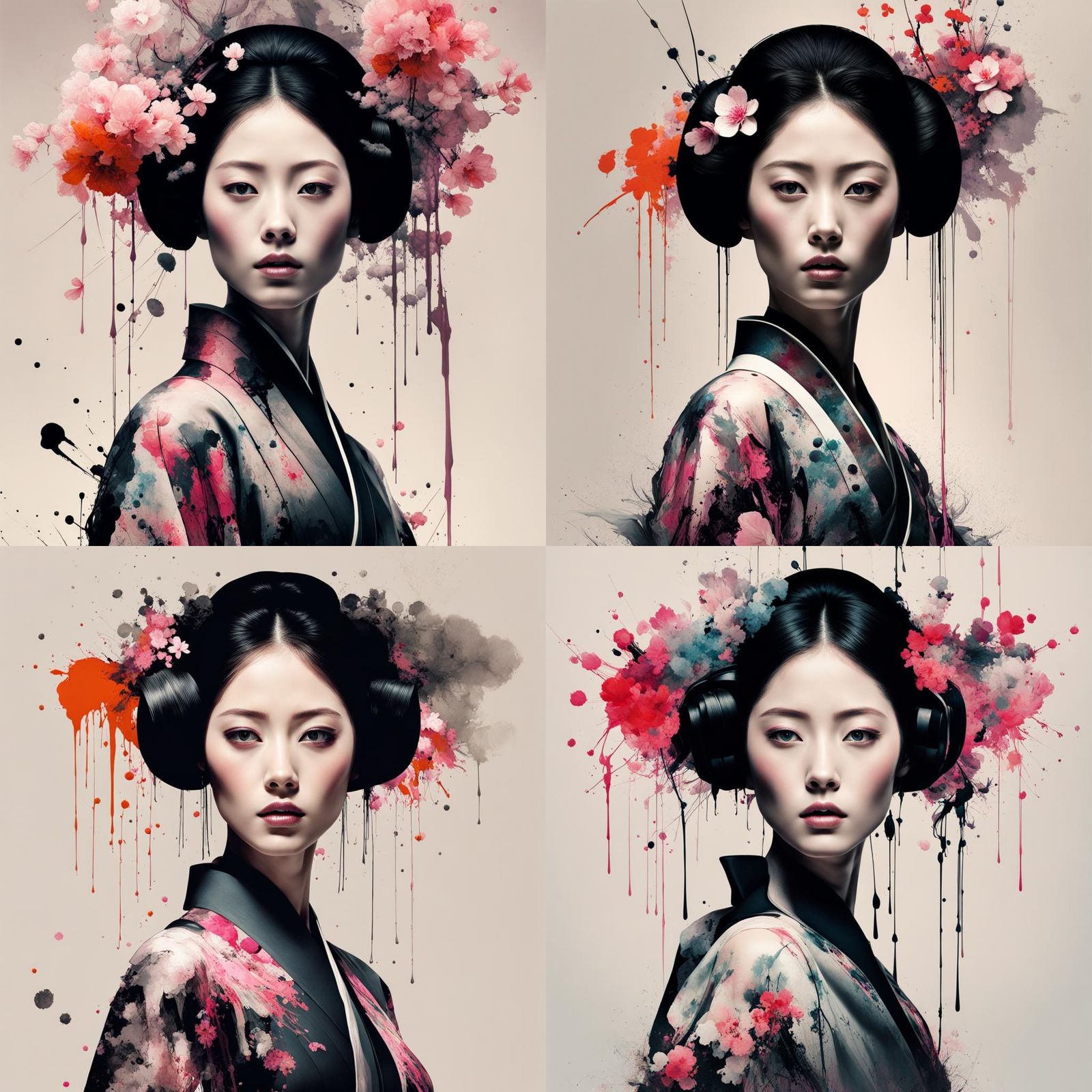Japanese blossom Ink Splatter Digital ink drop splash fantasy portrait ...