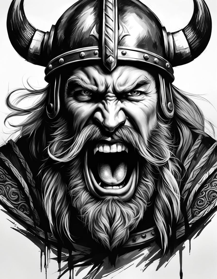 Sketch a realistic full headshot viking screaming on white pape - AI ...