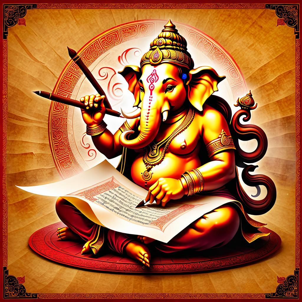 a wuxia inspired design of the hindu god Ganesha writing the ...