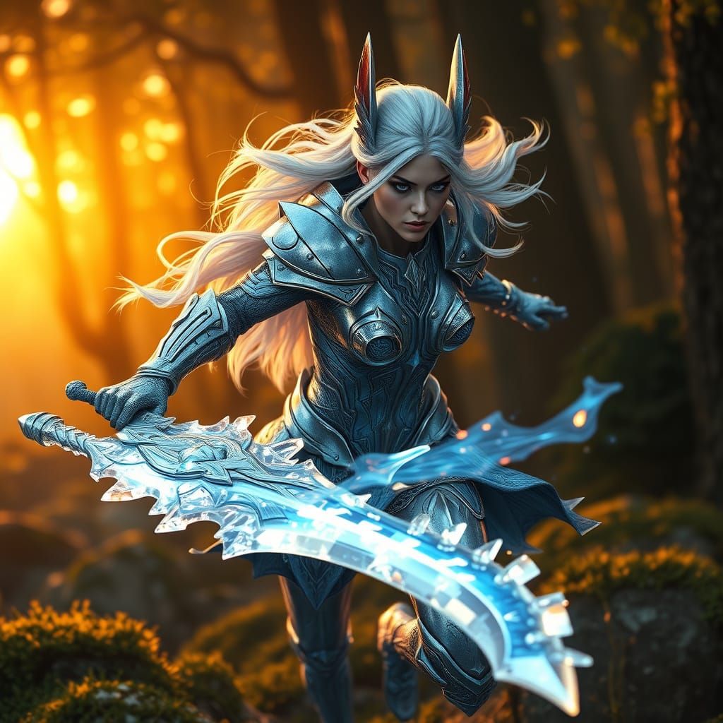 tall slim fitness influencer German Valkyrie woman in glimmering silver ...