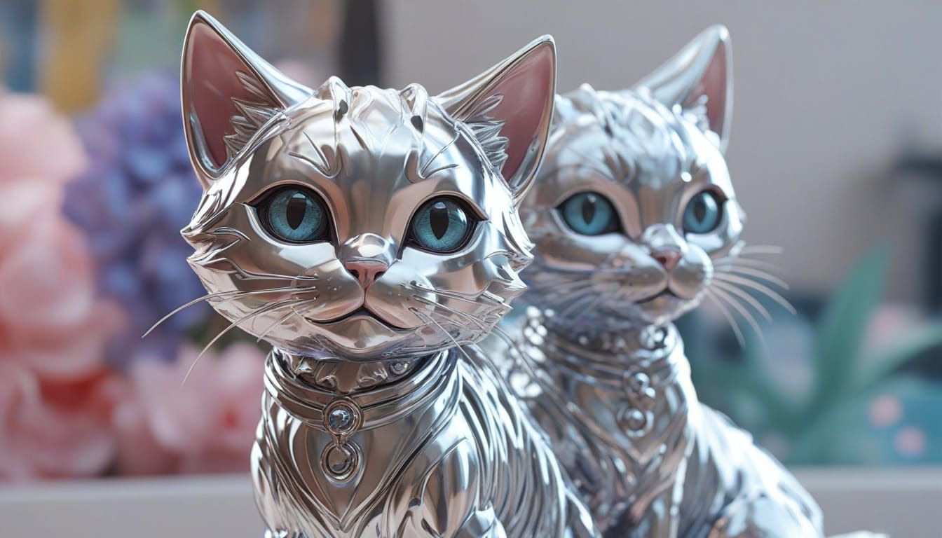 Shiny Chrome Cats - Surreal Anime Chrome Cat Statue in Conce...