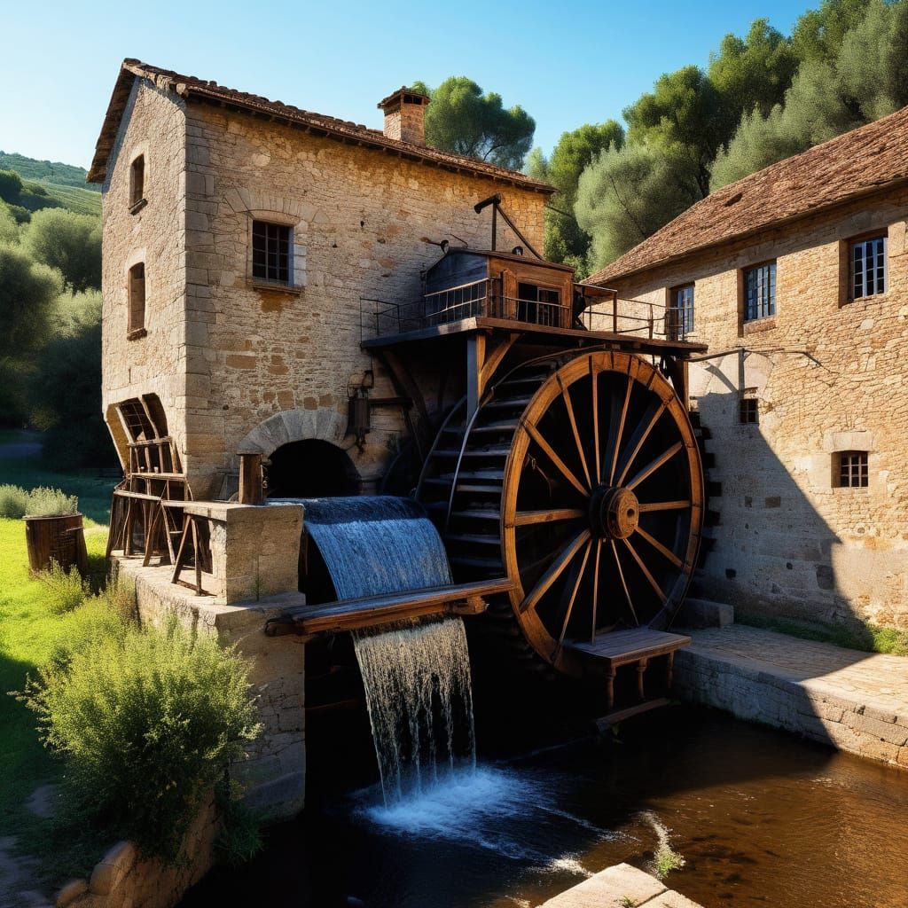 old and strong oak medieval waterwheel of an equally old mill working ...