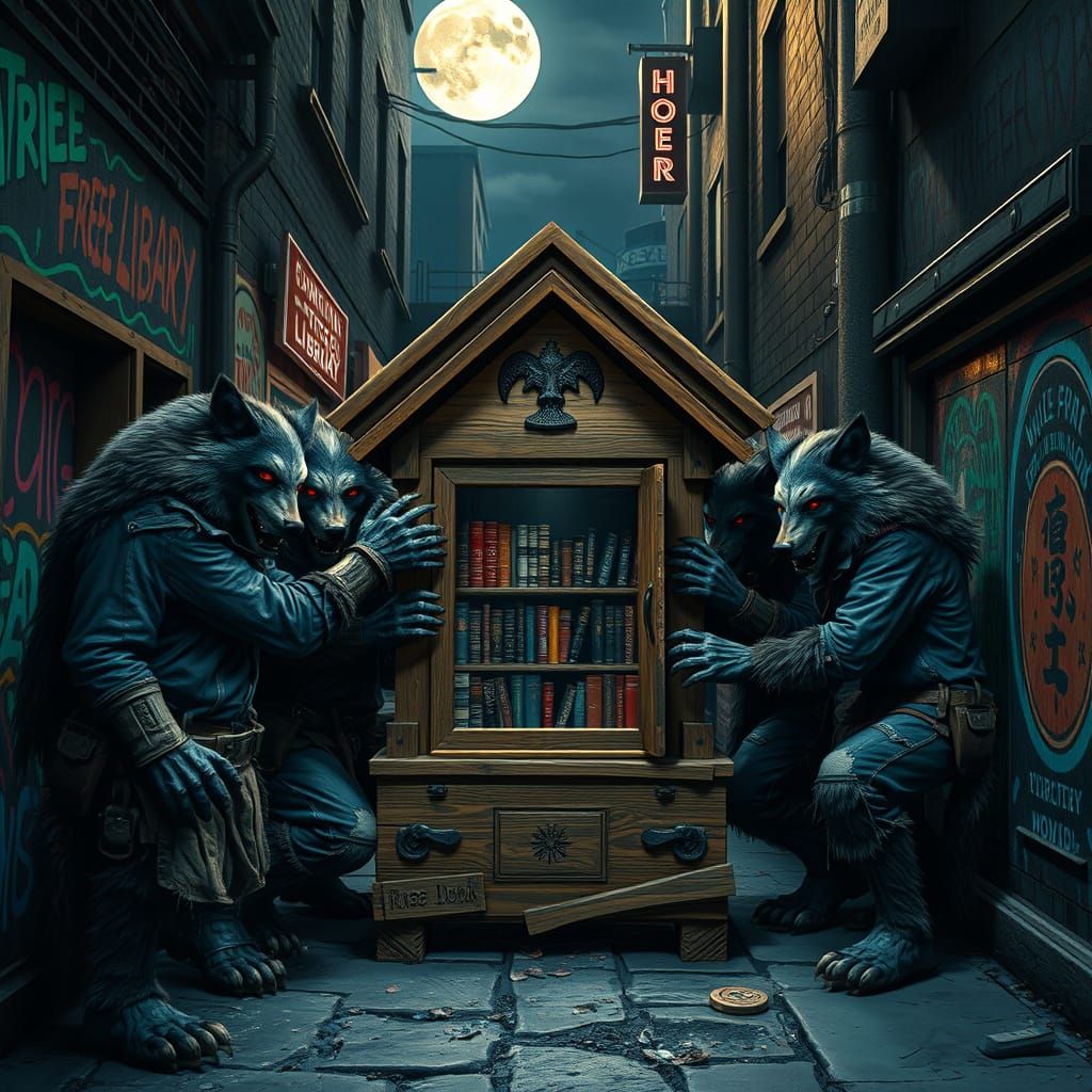 Werewolves Build Little Free Library in Dark, Edgy... - AI Art