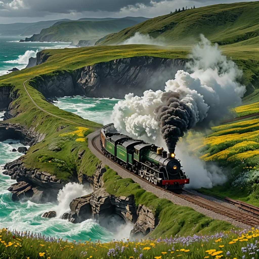 epic panoramic view of steam locomotive traveling through a field of ...