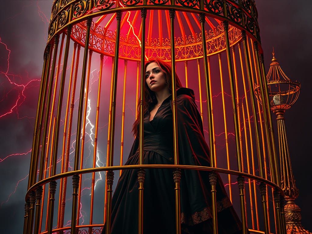 Ethereal Woman in Golden Cage, Surreal Digital Art... - AI Art