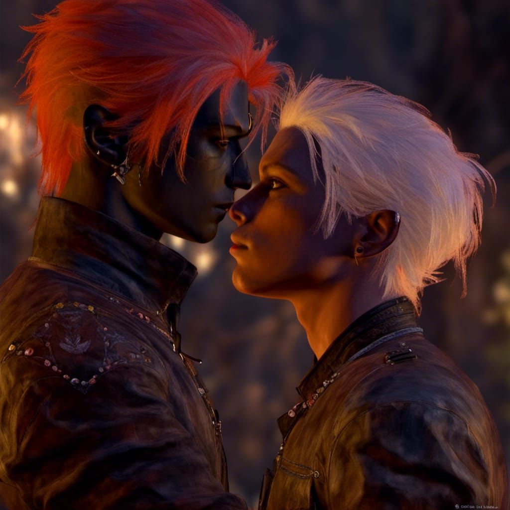 a Drow , kisses the human , has vibrant red hair and bright skin:1:1 ...