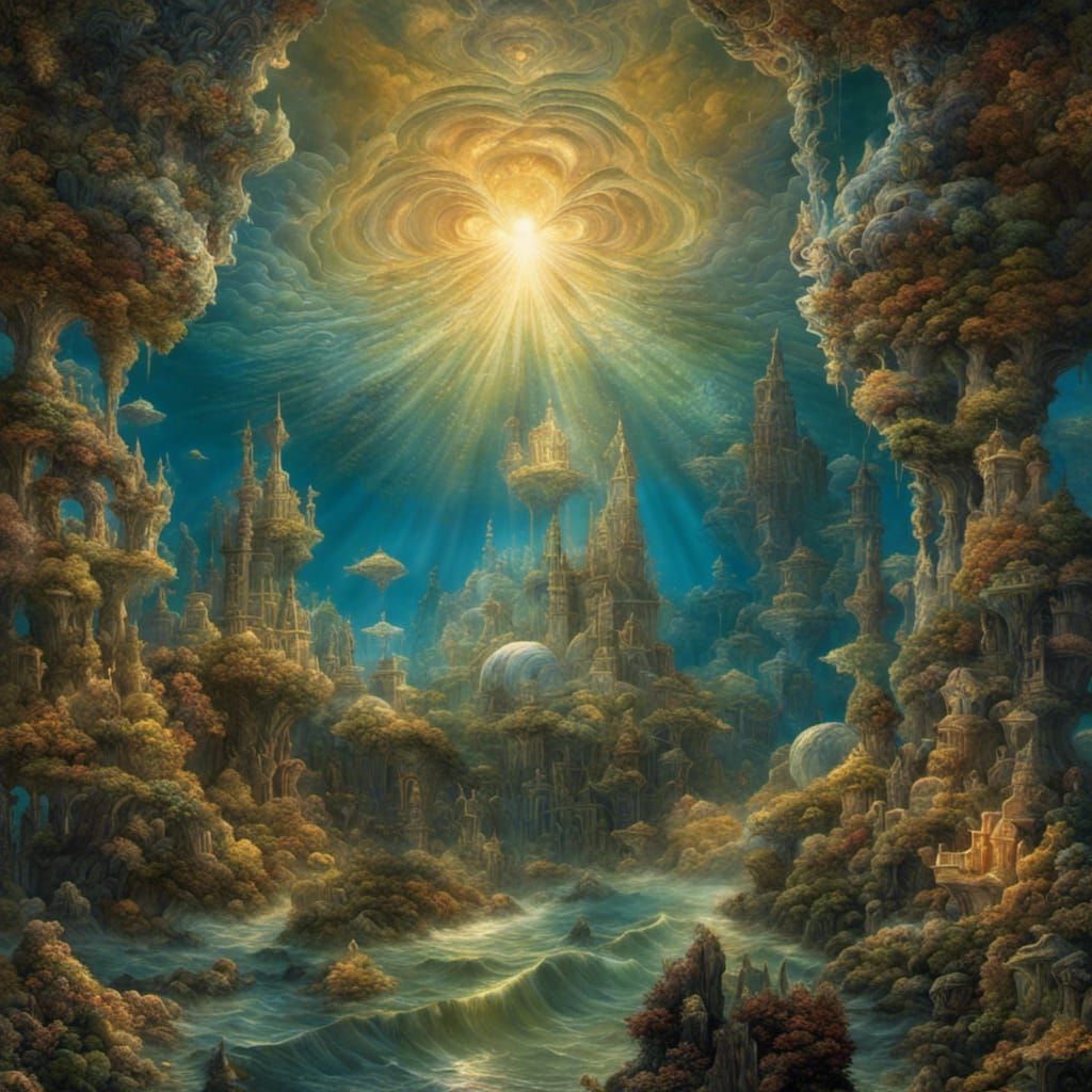 a calm shimmering ocean with fantastical formations in the sea, roger ...