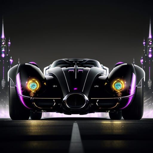 A chrome, sleek, hyperfuturistic car with black and fuschia filigree ...