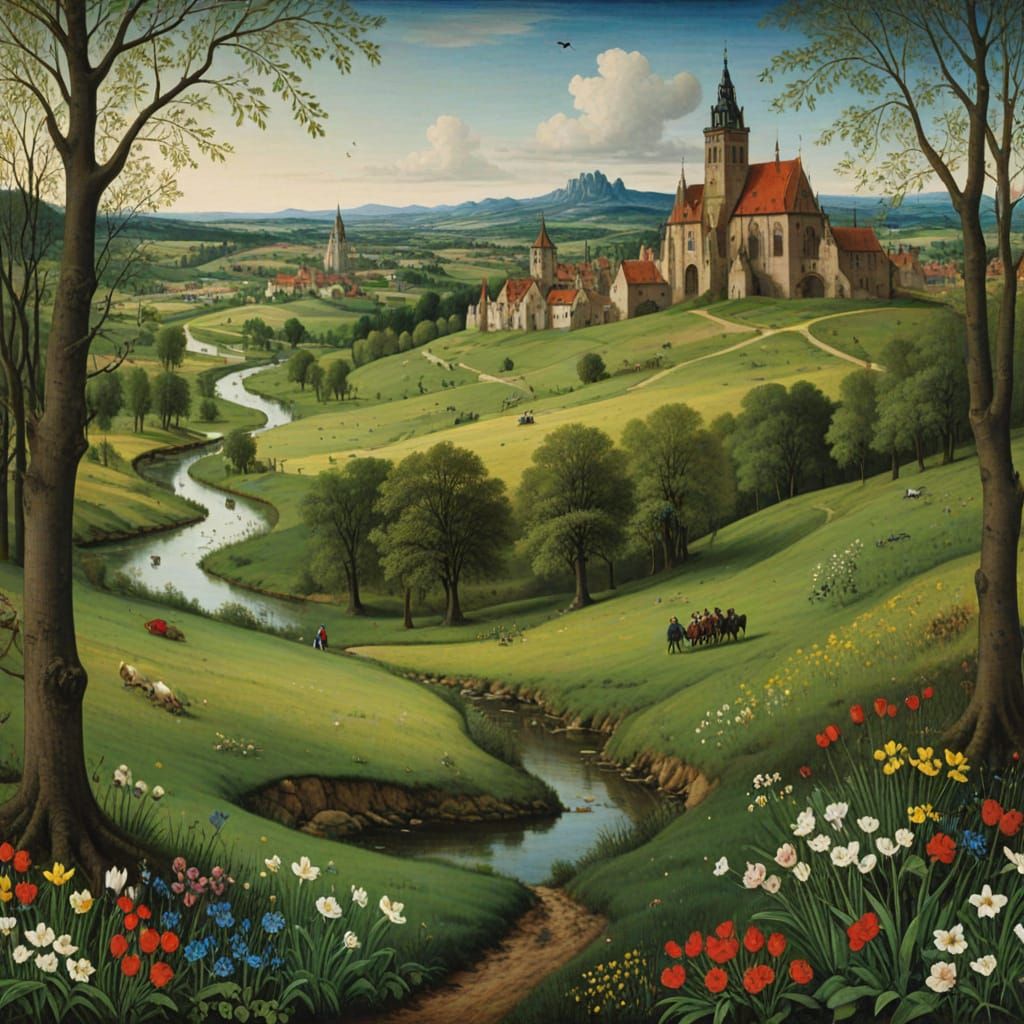 Vibrant Medieval Spring Landscape in Whimsical Sty... - AI Art