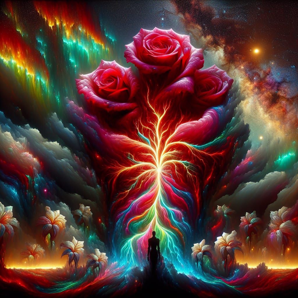 Chiaroscuro. Towering red roses Bushs silhouette of swirling iridescent ...