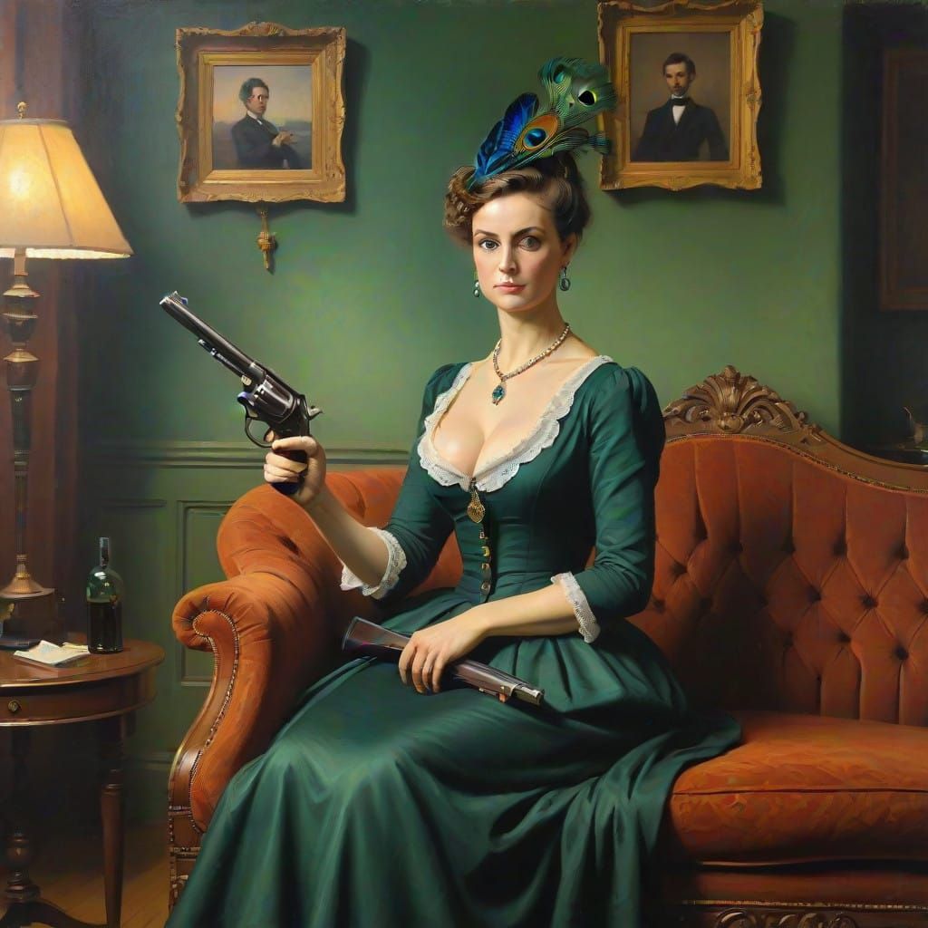 Portrait of a beautiful Mrs. Peacock In Lounge, With Revolver, Oils ...