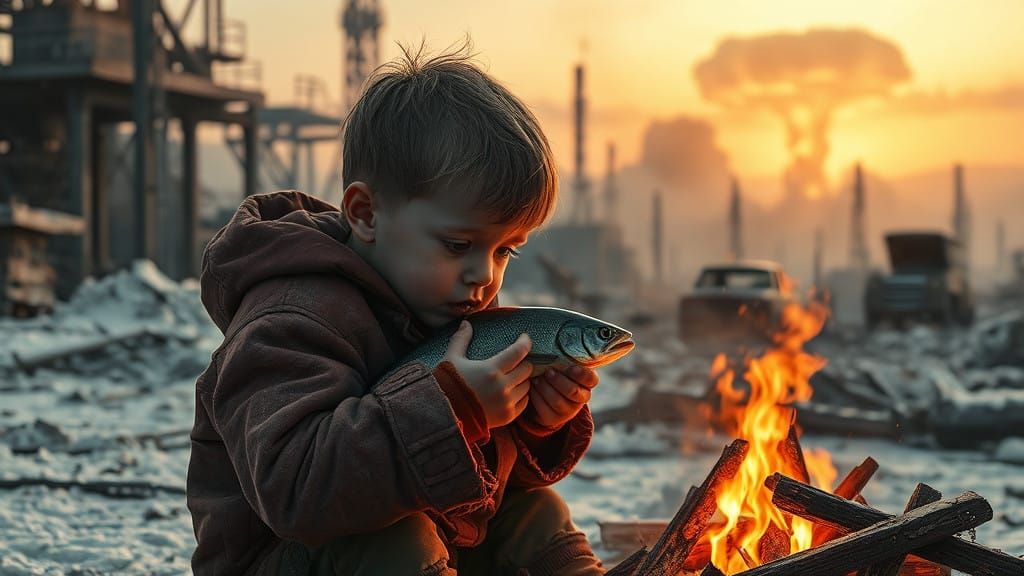 Starving child in crimson red dirty torn jacket eats fish warming hands ...