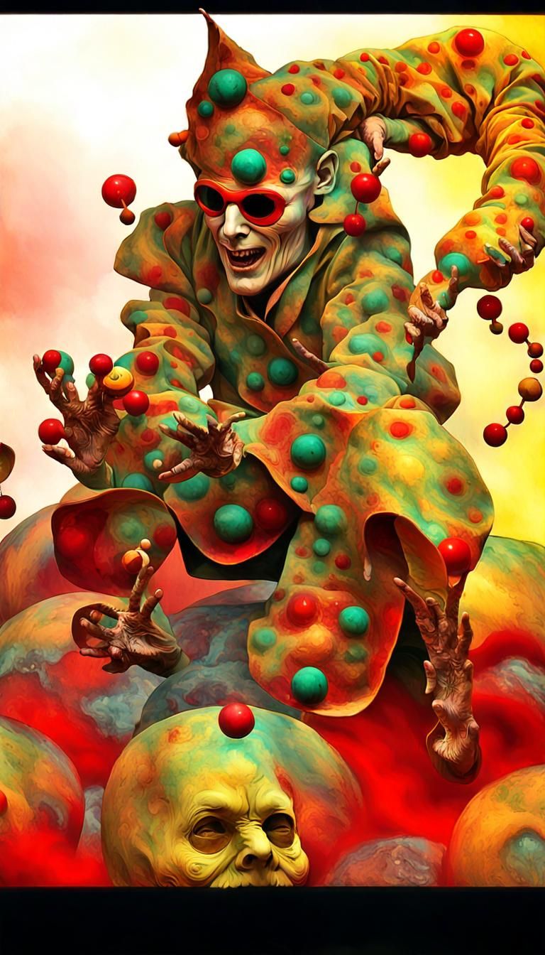 ziggy stardust yellow jester juggler with psilocybe head throwing ...