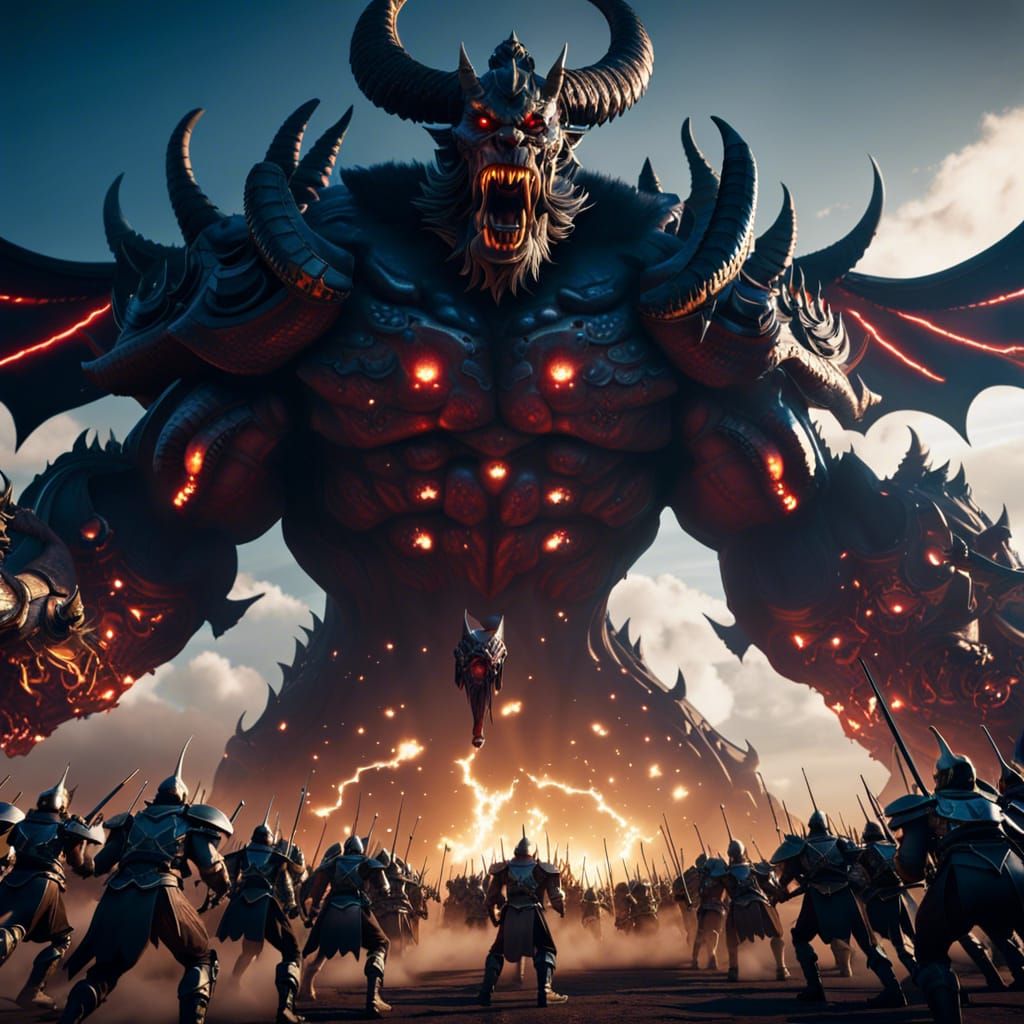 wide angle view photo of giant demon army vs powerfull angel army in ...