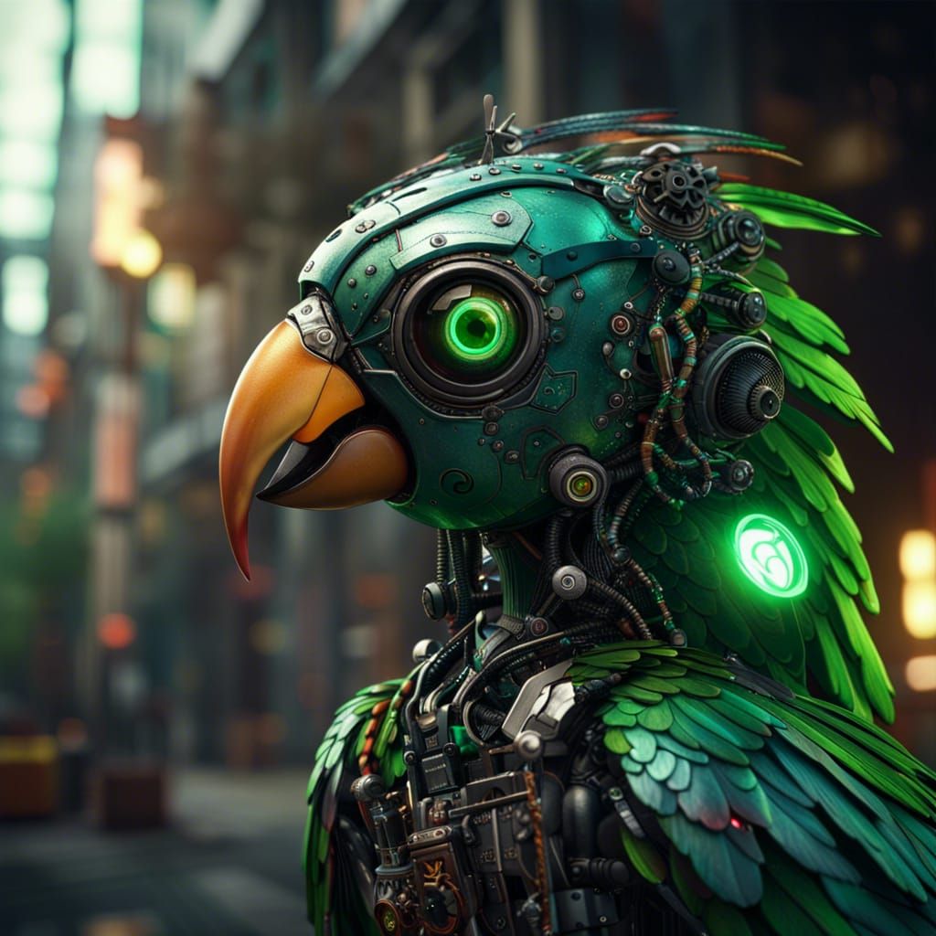 Robot Parrot with electric green eyes - AI Generated Artwork ...