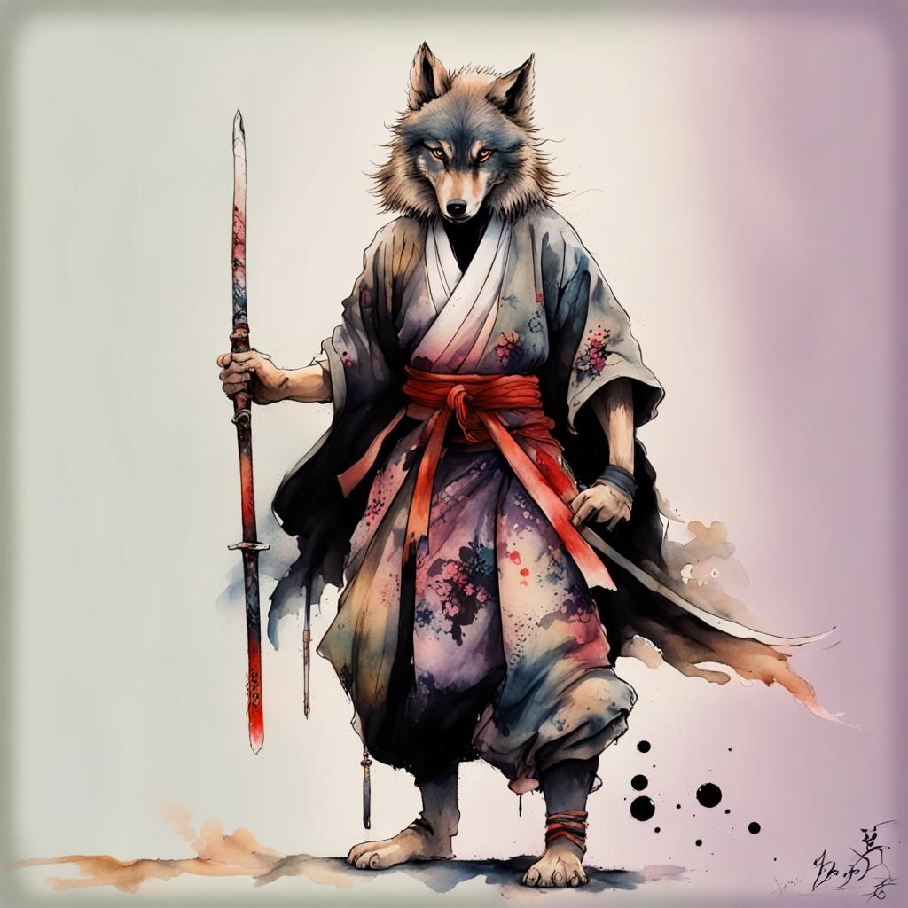 ancient ink painting of rokugan, wolf ninja, poor kimono, fantasycore ...