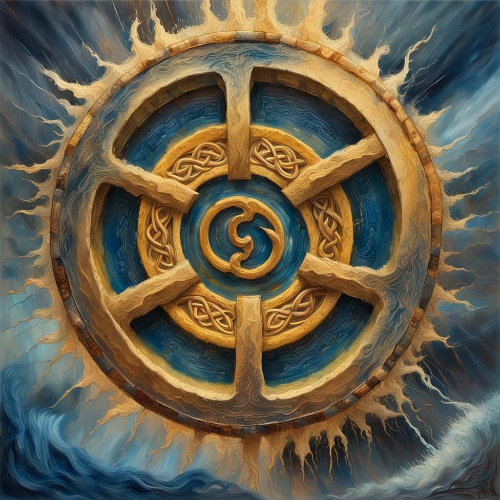 Golden Celtic wheel, alcohol ink, by Van Gogh, Carne Griffiths Tachisme ...