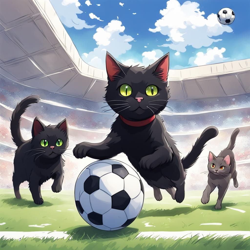 a black cat playing soccer with other cats - AI Generated Artwork ...