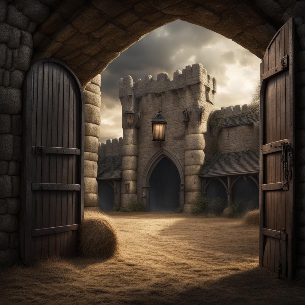 A medieval stable with tall doors surrounded by castle walls, hay bales ...