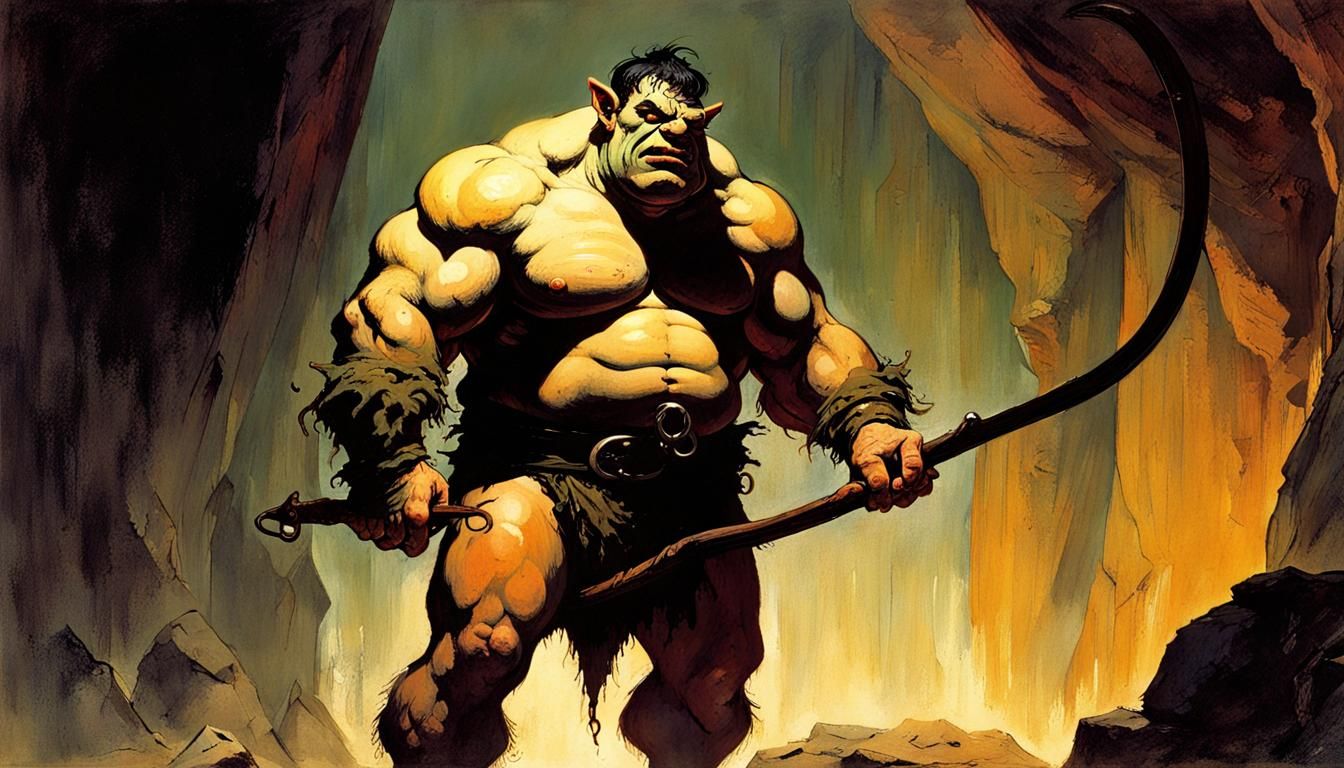Frank Frazetta, Large Ogre, filthy, loincloth, holding a whip ...