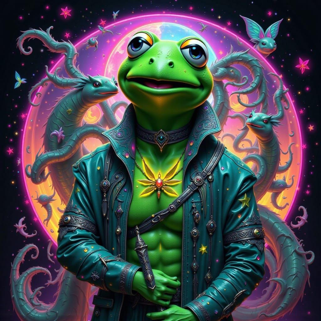 Kermit the Frog with Yakuza Tattoo, Art Nouveau Il... - AI Art