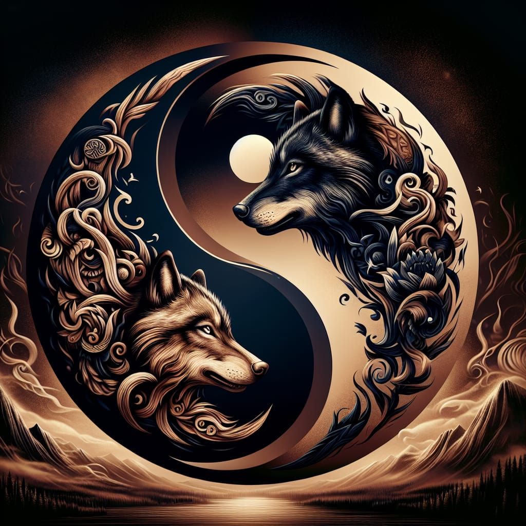 yin yang symbol shown with two wolf faces, in the style of dark beige ...